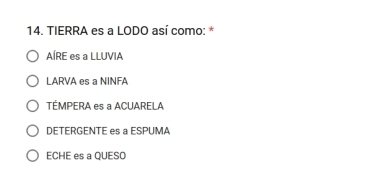 Resuelto:TIERRA es a LODO así como: * AÍRE es a LLUVIA LARVA es a NINFA ...