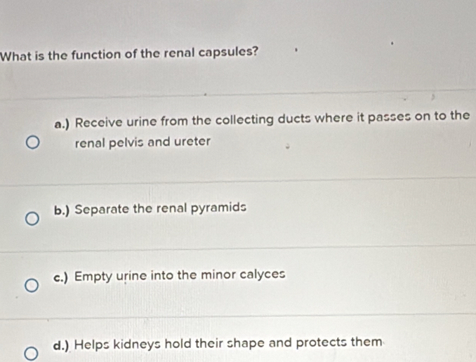 Solved: What is the function of the renal capsules? a.) Receive urine ...