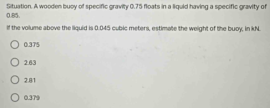 Solved: Situation. A wooden buoy of specific gravity 0.75 floats in a ...