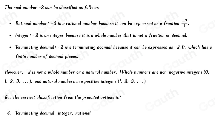 Solved: Write all classifications that apply to the real number -2 ...