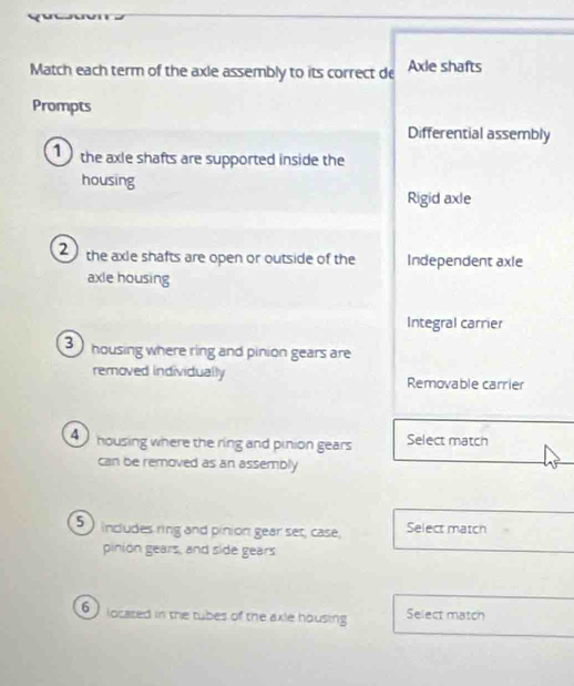 Solved: Match each term of the axle assembly to its correct de Axle ...