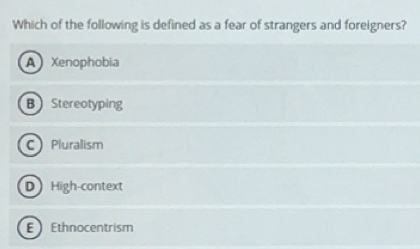 Solved: Which of the following is defined as a fear of strangers and ...