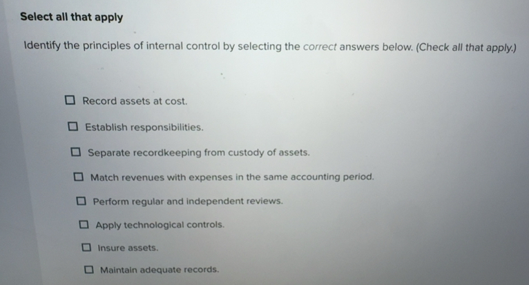 Solved: Select all that apply Identify the principles of internal control by selecting the ...
