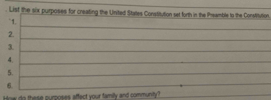 Solved: List the six purposes for creating the United States ...