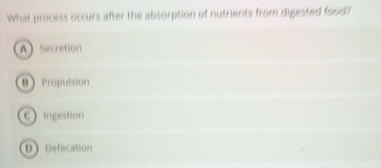 Solved: What process occurs after the absorption of nutrients from ...