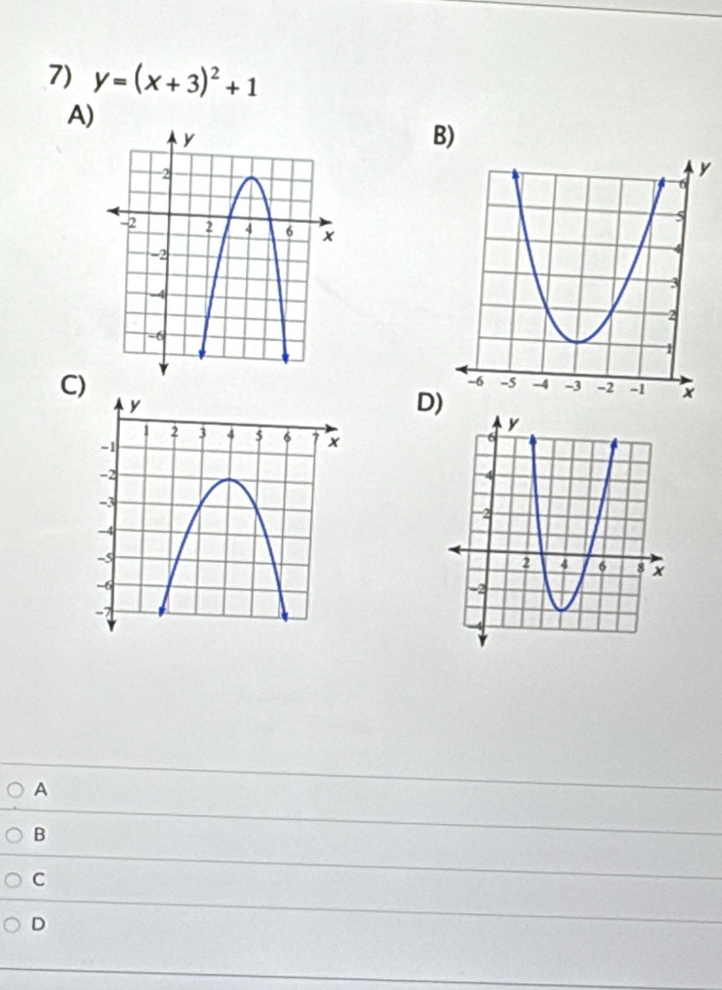 Gelöst:y=(x+3)^2+1 A) B) C) D A B C D