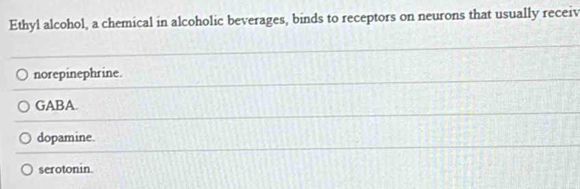 Solved: Ethyl alcohol, a chemical in alcoholic beverages, binds to ...