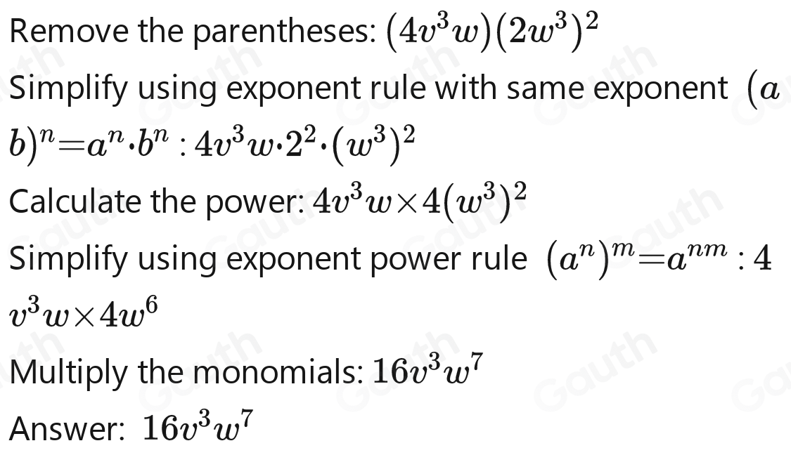 Solved: Rewrite this expression in simplest form. (4v^3w)(-2w^3)^2 Type the correct answer in ...