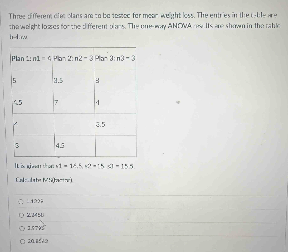 Solved: Three different diet plans are to be tested for mean weight ...