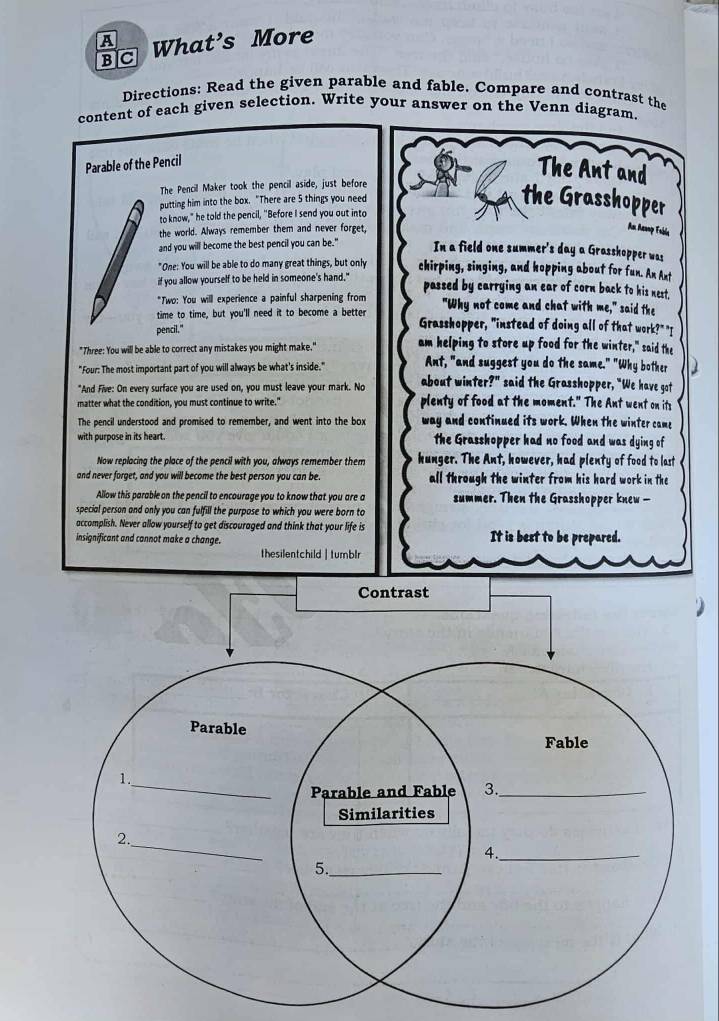 Solved: A EC What's More Directions: Read the given parable and fable ...