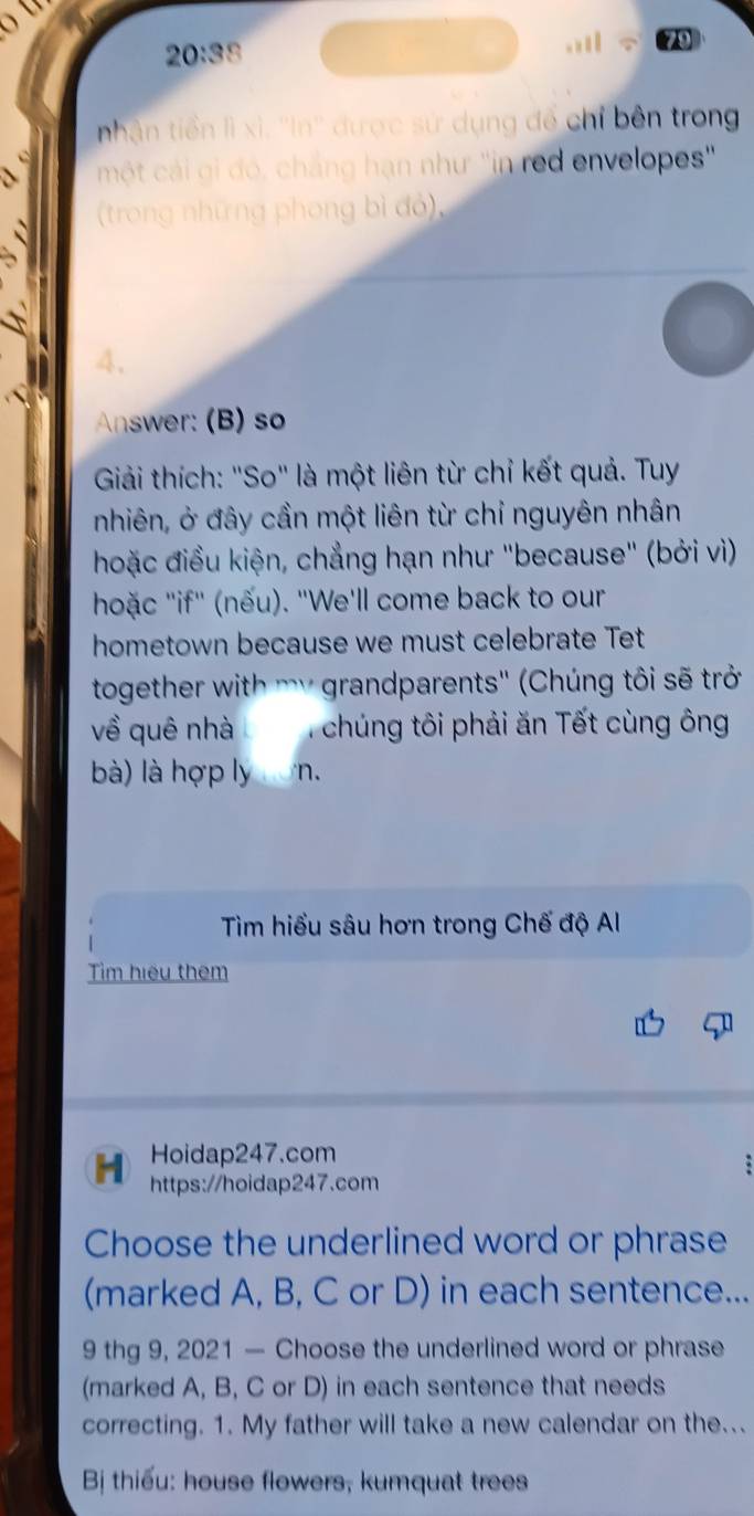 Giải quyết:20:38 0 nhận tiền lì xì, ''In'' được sử dụng để chỉ bên trong một cái gi đó, chắng hạn