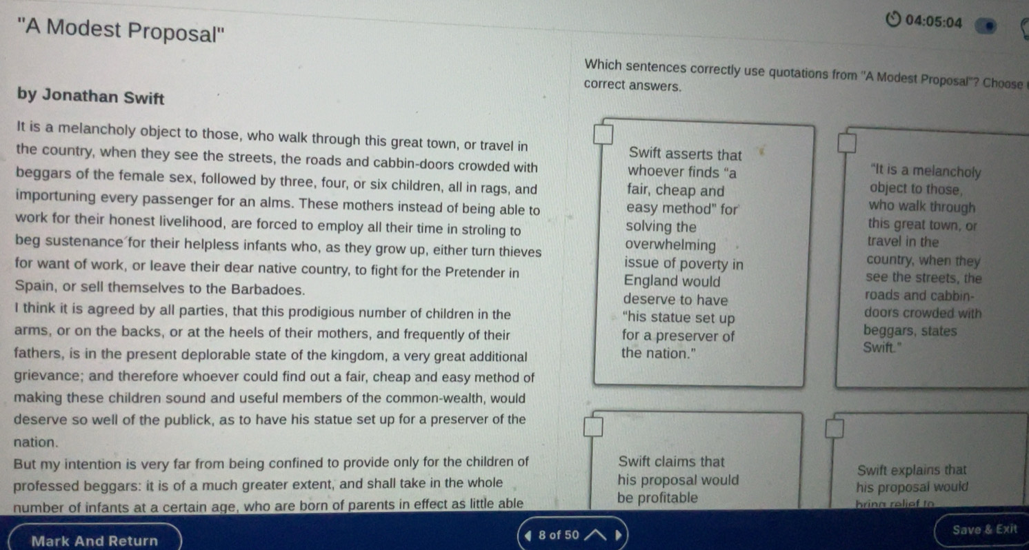 Solved: 04:05:04 ''A Modest Proposal'' Which sentences correctly use ...