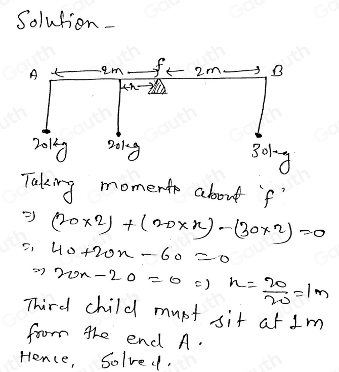 Solved: A 20 kg child and a 30 kg child sit at the opposite ends of a 4 m seesaw that is pivoted ...