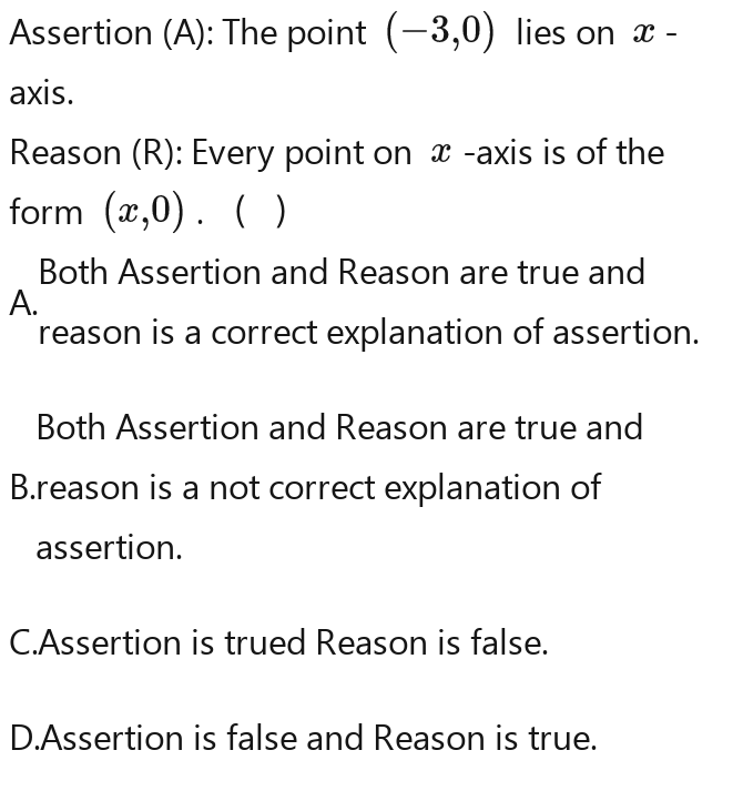 Solved: Assertion (A): The point (-3,0) lies on x - axis. Reason (R): Every point on x -axis is ...