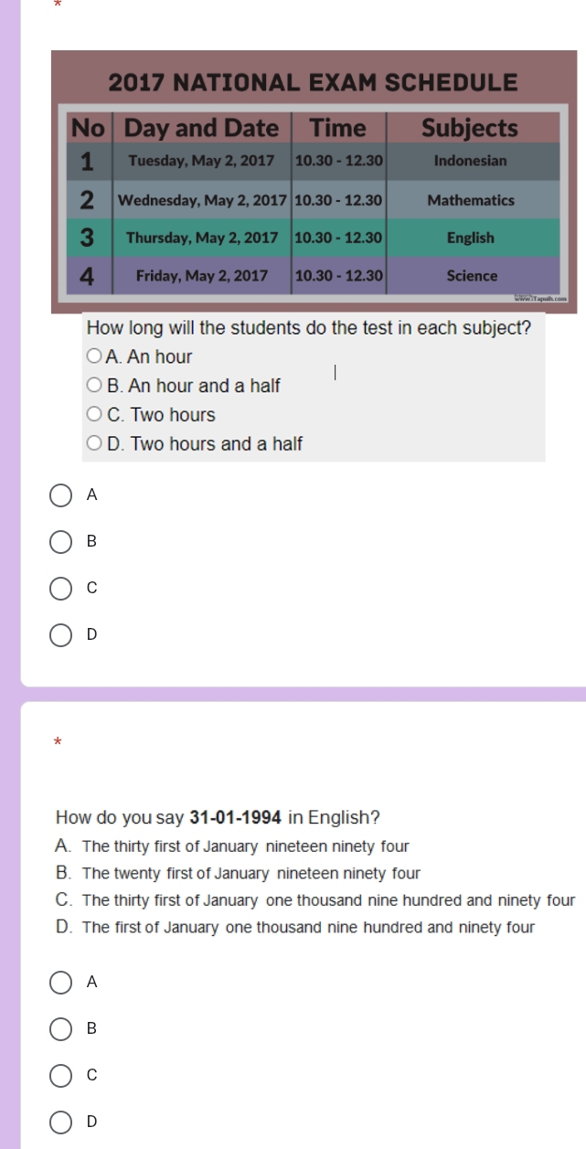 Telah dijawab:How long will the students do the test in each subject? A ...