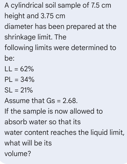 Solved: A cylindrical soil sample of 7.5 cm height and 3.75 cm diameter ...