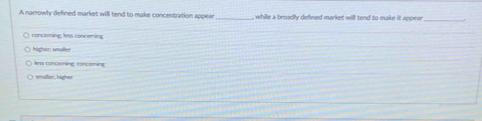Solved: A narrowly defined market will tend to make concentration ...