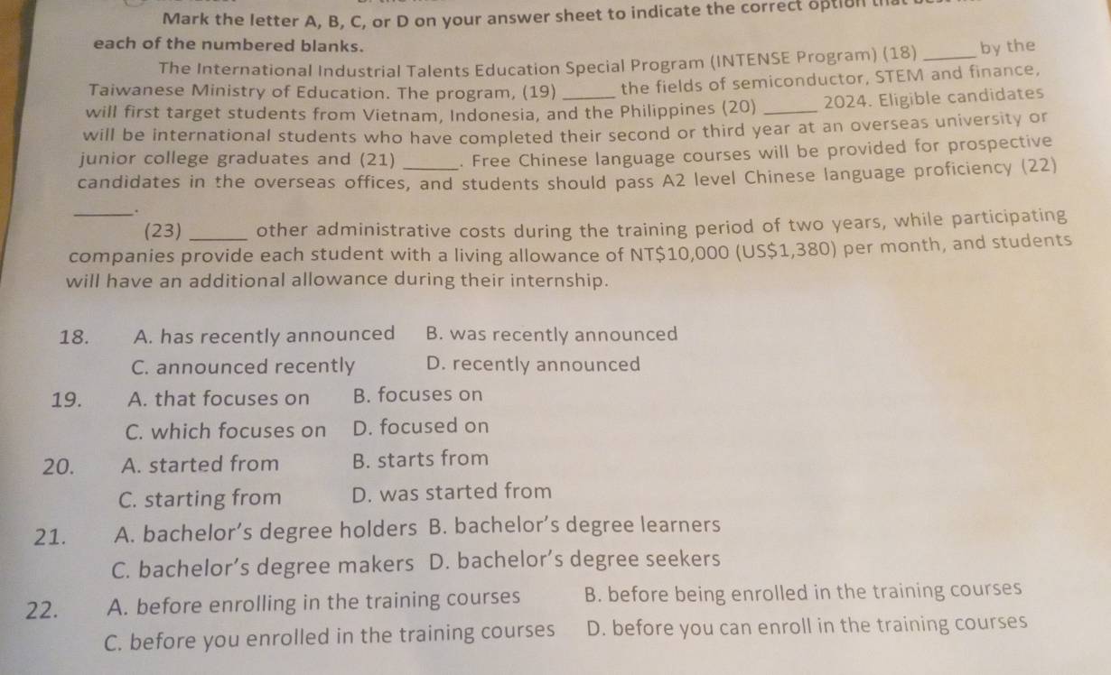 Giải quyết:Mark the letter A, B, C, or D on your answer sheet to ...