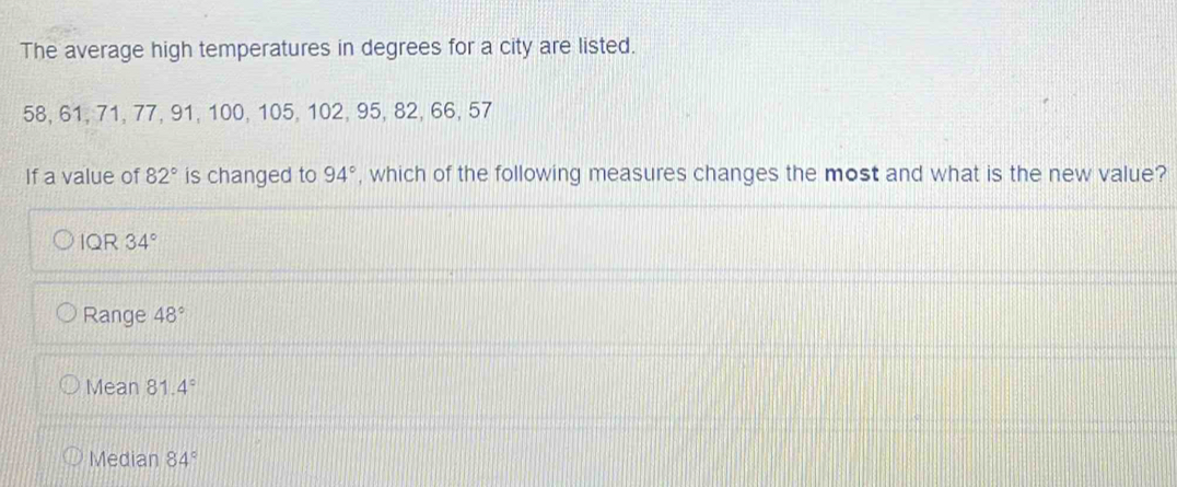 Solved: The average high temperatures in degrees for a city are listed ...