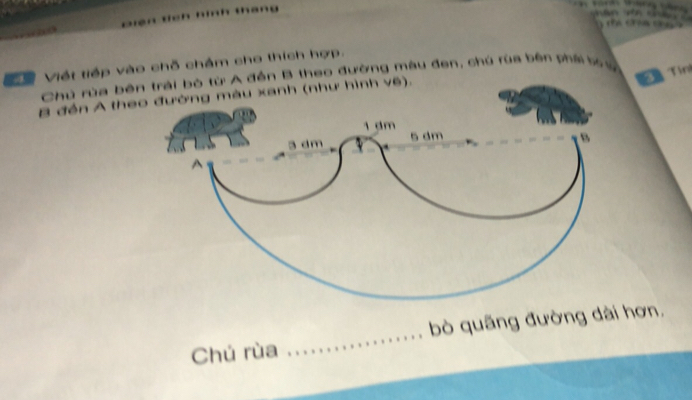 Giải quyết:Cể Việt tiếp vào chỗ chẩm cho thích hợp. Chủ rùa bê bộ từ A đến B theo đường mâu đen, chú