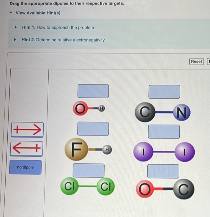 Solved: Drag the appropriate dipoles to their respective targets. View Available Hint(s) Hint 1 ...