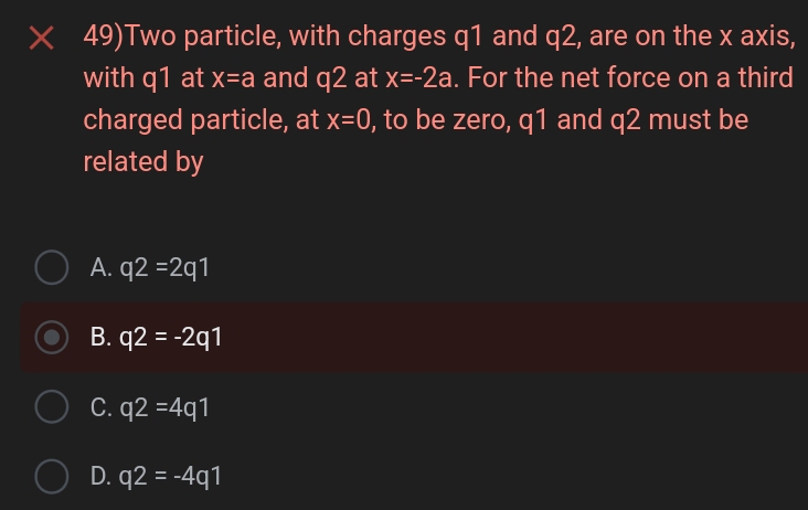 Solved: × 49)Two particle, with charges q1 and q2, are on the x axis ...