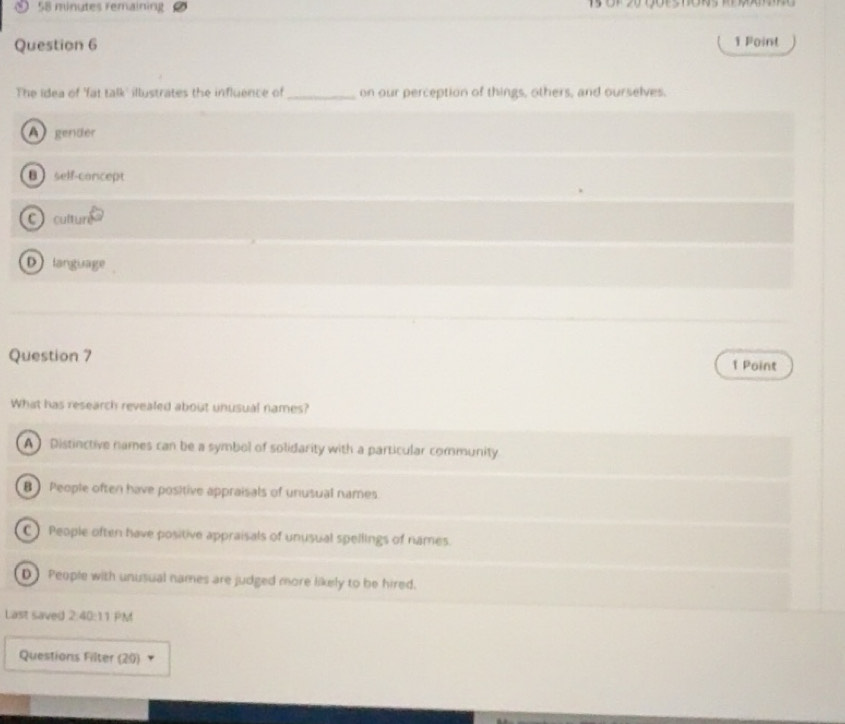 Solved: minutes remaining Question 6 1 Point The idea of 'fat talk ...