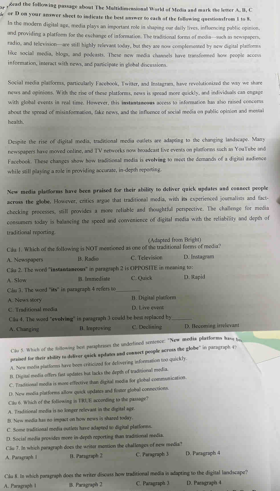 Giải quyết:Read the following passage about The Multidimensional World ...