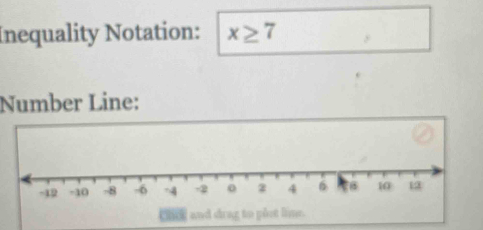 Inequality Notation: x≥ 7 Number Line: Chck and drag to plst lime. [Math]