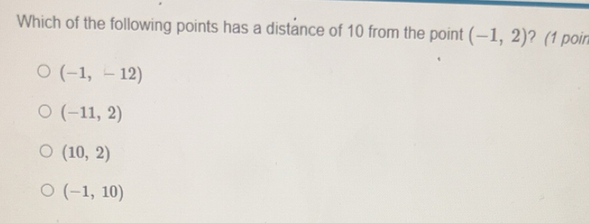 Solved: Which of the following points has a distance of 10 from the ...