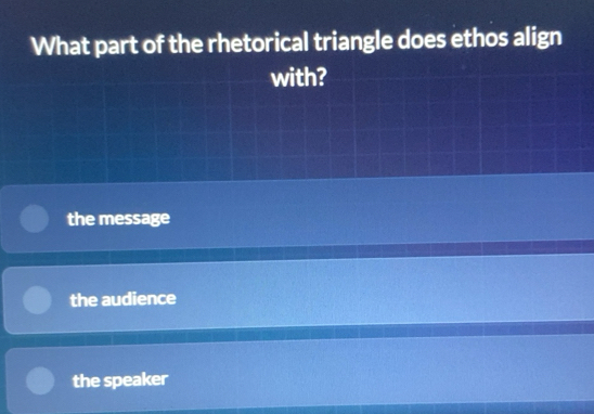 Gelöst:What part of the rhetorical triangle does ethos align with? the ...