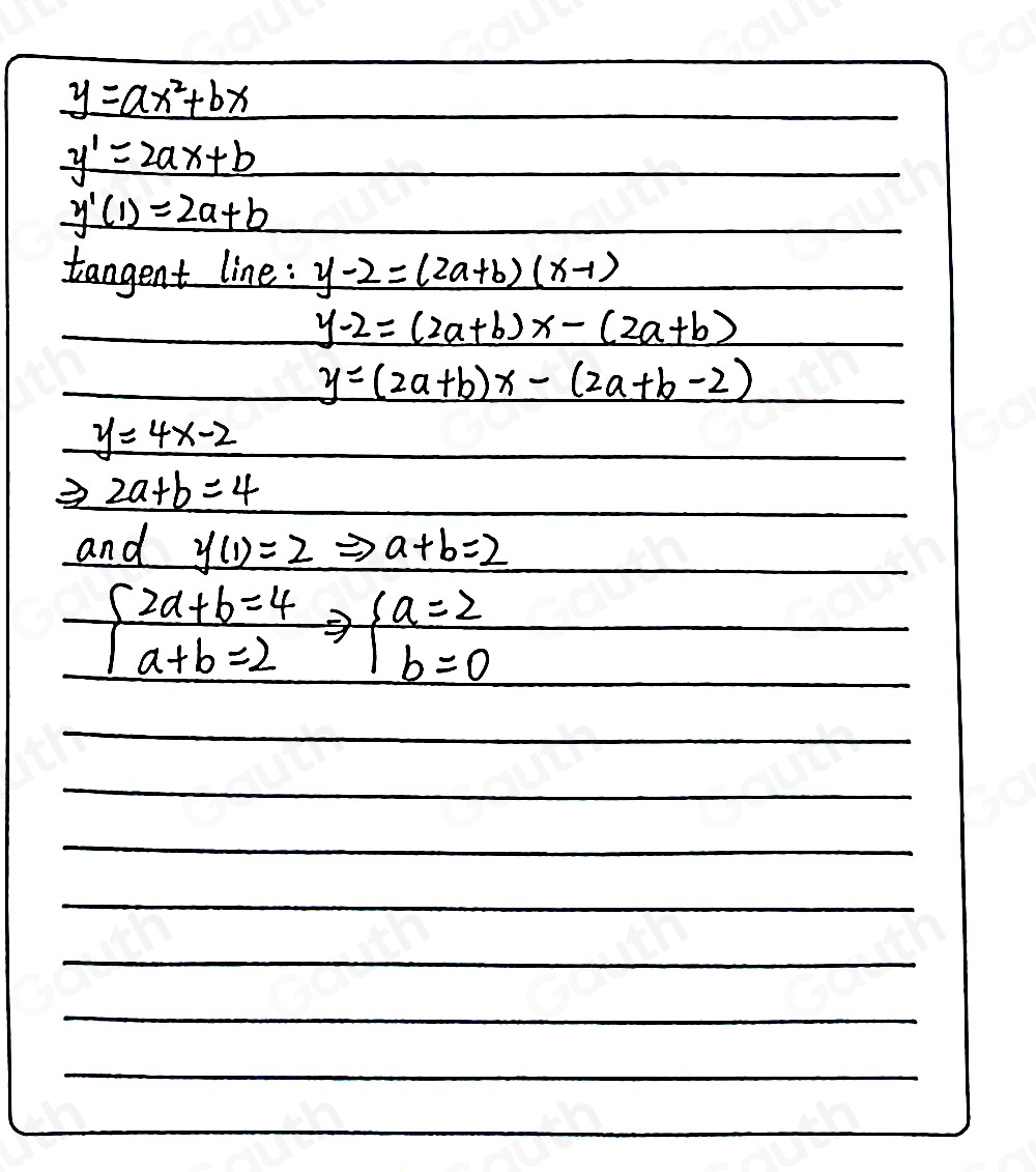 Solved: Find the parabola with equation y=ax^2+bx whose tangent line at (1,2) has equation y=4x ...