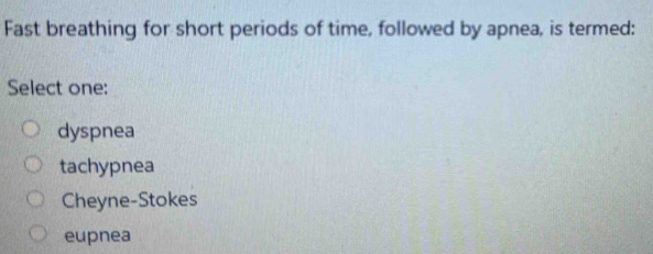 Solved: Fast breathing for short periods of time, followed by apnea, is ...