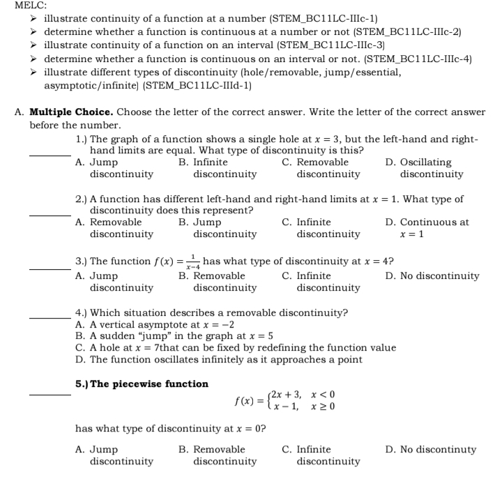 Solved: MELC: illustrate continuity of a function at a number (STEM ...
