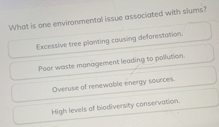 Solved: What is one environmental issue associated with slums ...