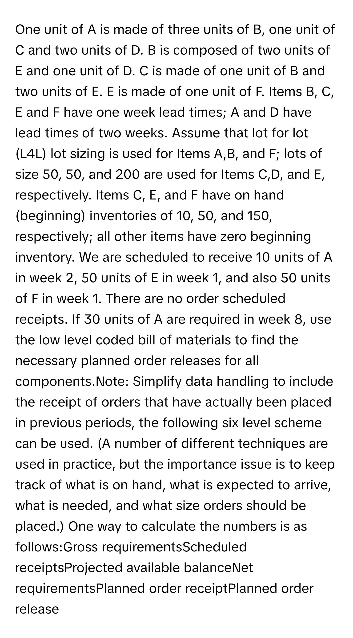 Solved: One unit of A is made of three units of B, one unit of C and ...