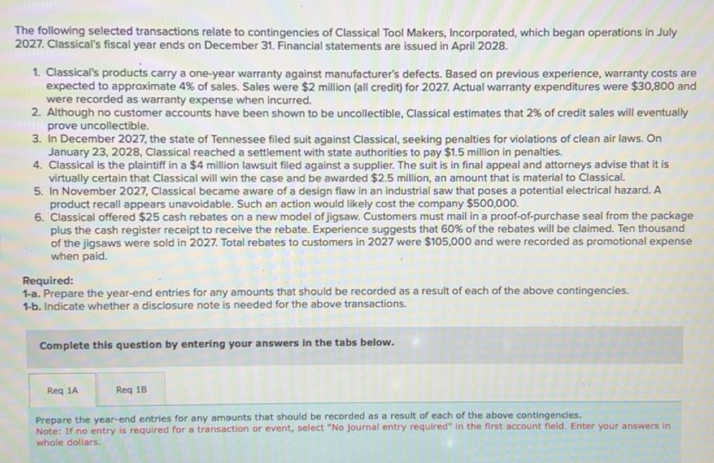 Solved: The following selected transactions relate to contingencies of ...