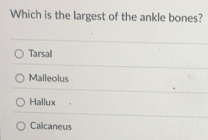Solved: Which is the largest of the ankle bones? Tarsal Malleolus ...