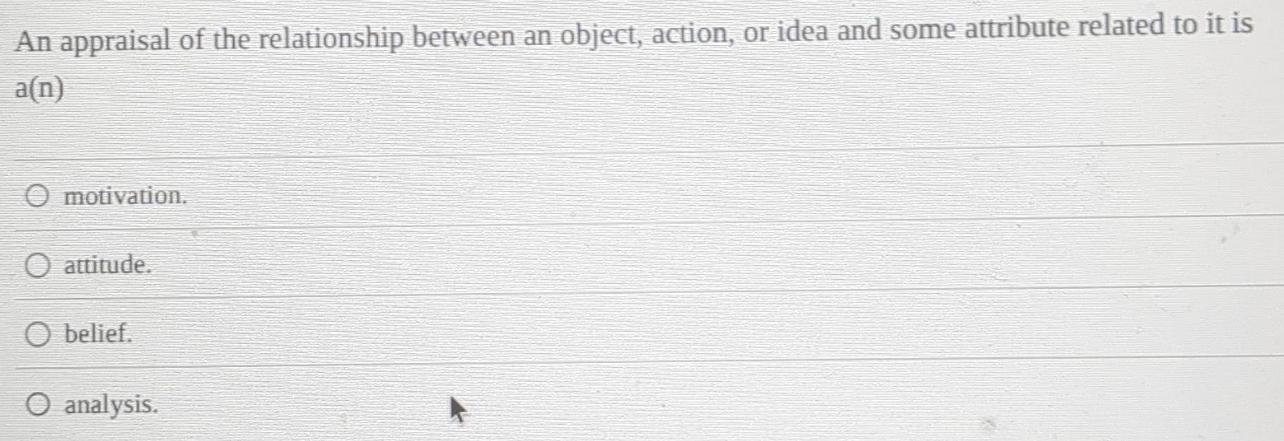 Solved: An appraisal of the relationship between an object, action, or idea and some attribute ...