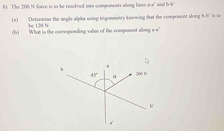 Solved: The 200 N force is to be resolved into components along lines a-a ’and b-b ' (a ...