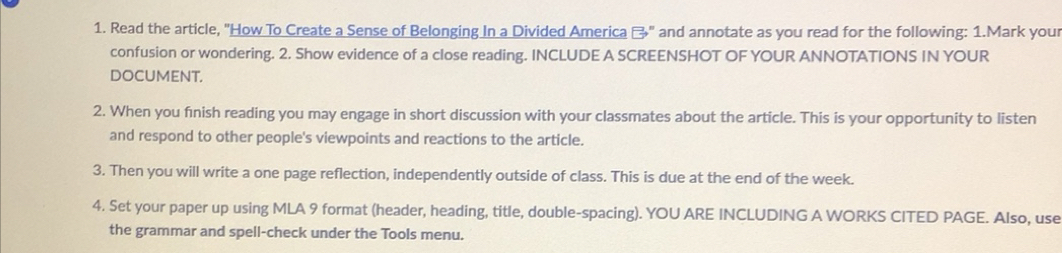 Solved: Read the article, "How To Create a Sense of Belonging In a ...