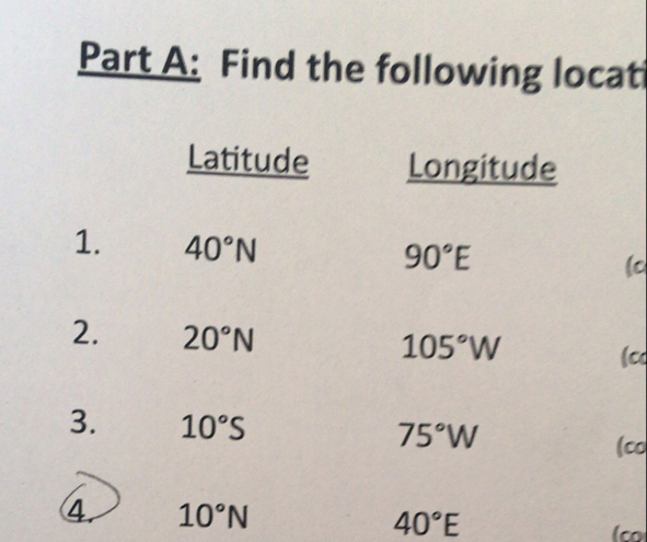 Solved: Find the following locat Latitude Longitude 1. 40°N 90°E (c 2 ...