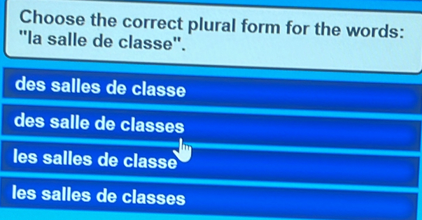 Solved: Choose the correct plural form for the words: 'la salle de ...