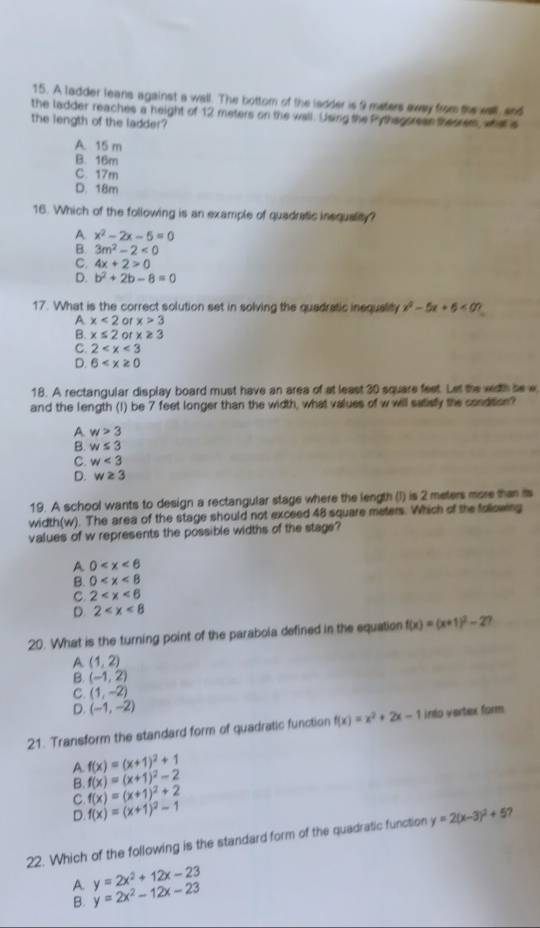 Solved: A ladder leans against a wall. The bottom of the ladder is 9 ...