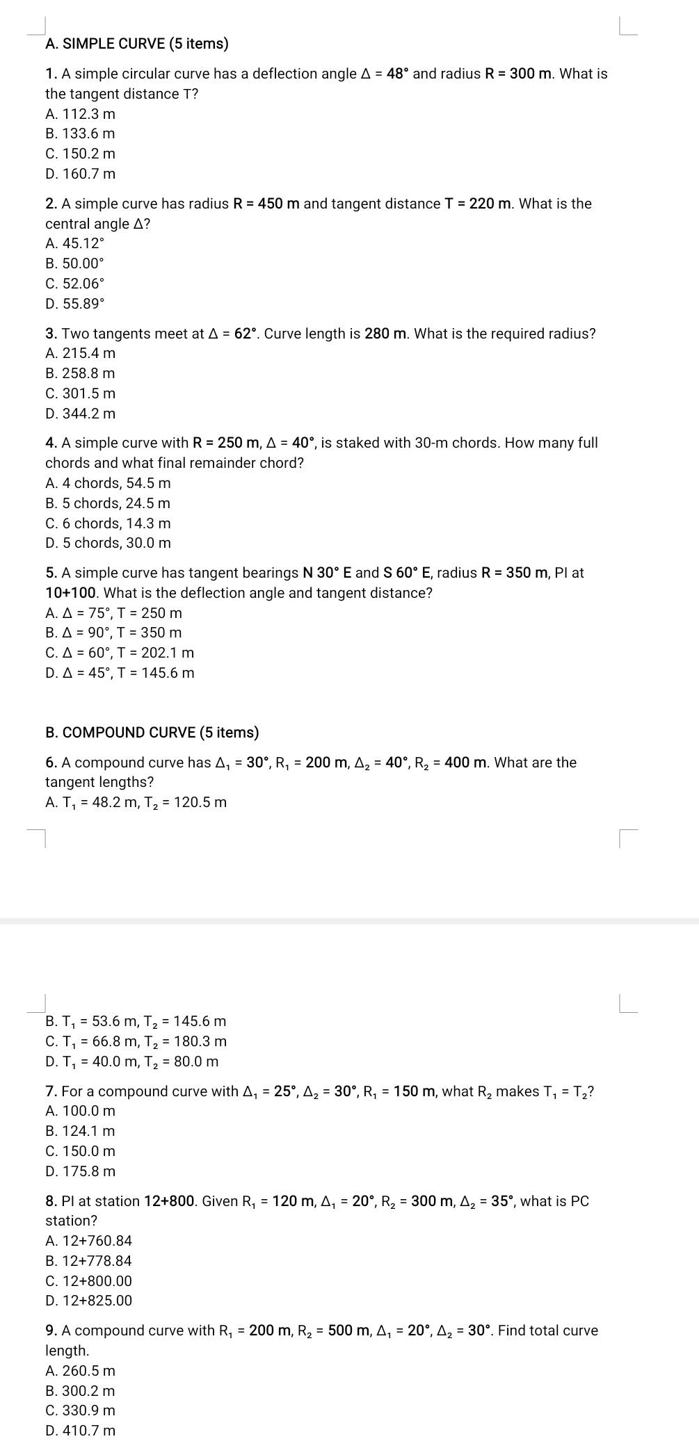 Solved: SIMPLE CURVE (5 items) 1. A simple circular curve has a ...