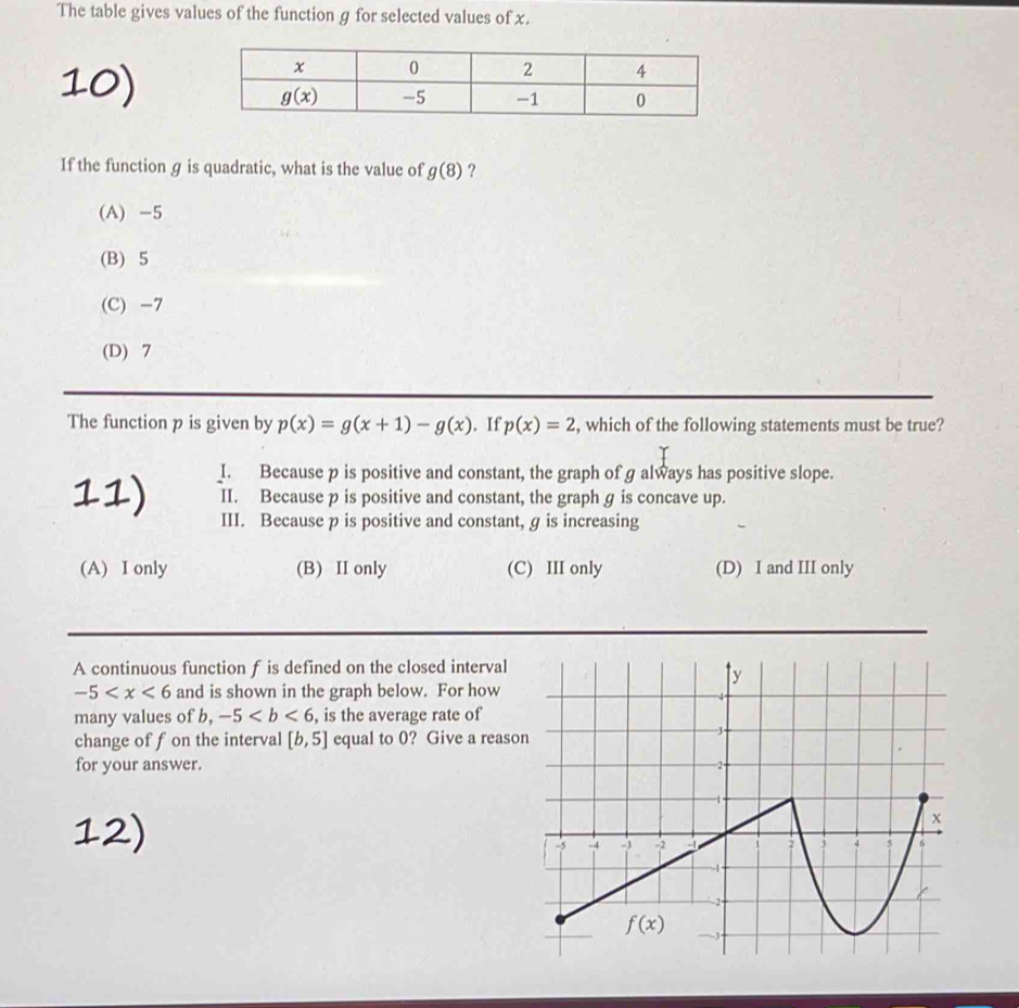 Solved: The table gives values of the function g for selected values of ...