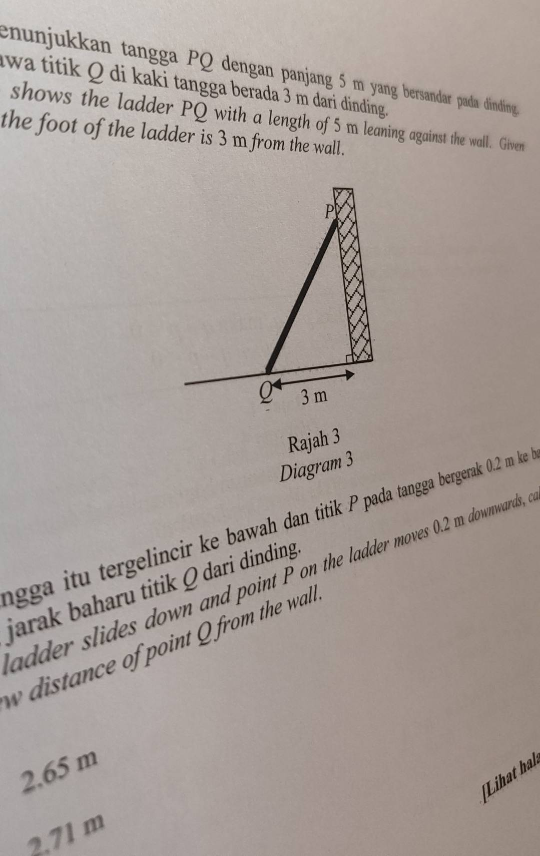 Selesai:enunjukkan tangga PQ dengan panjang 5 m yang bersandar pada ...