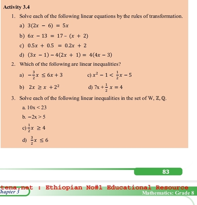 Résolu :Activity 3.4 1. Solve each of the following linear equations by ...