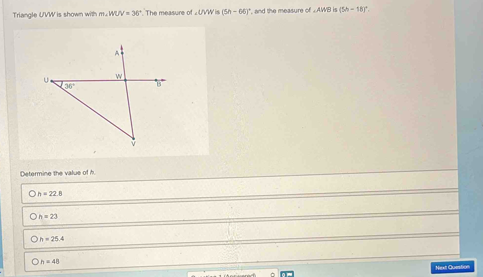 Solved: Triangle UVW is shown with m∠ WUV=36°. The measure of ∠ UVW is ...