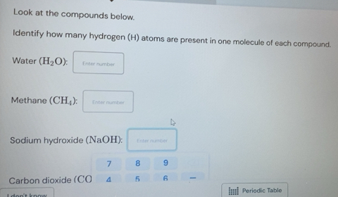 Solved: Look at the compounds below. ldentify how many hydrogen (H ...